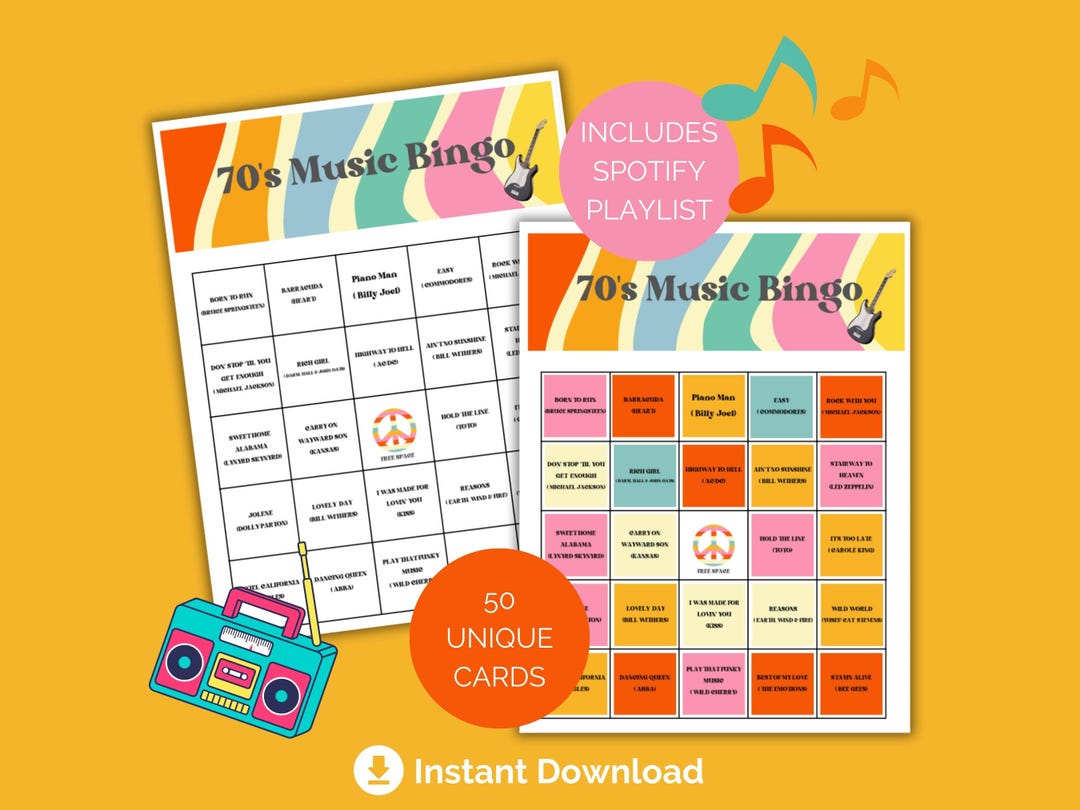 70's Music Bingo, 70's Themed Music Party, Music Party Bingo Game, 50 ...