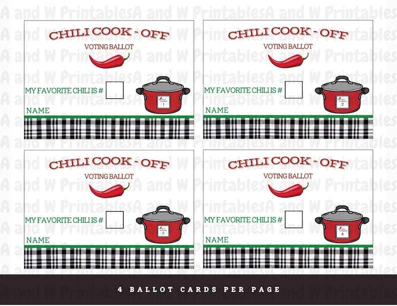 Chili Cook off Ballot, Pot Number Cards, Signage and Award Certificates ...
