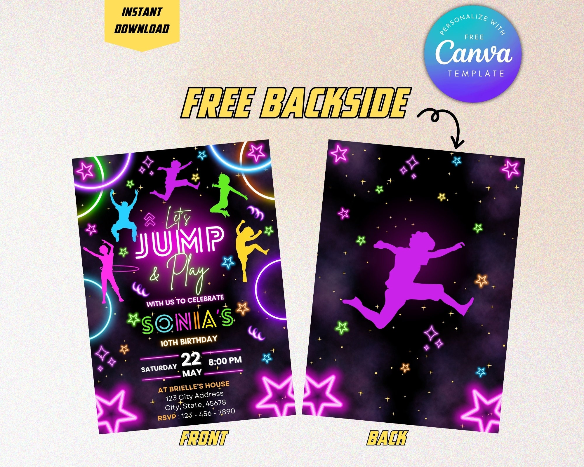 Editable Neon Jump Birthday Invitation Template Thank You Tag, Jump ...
