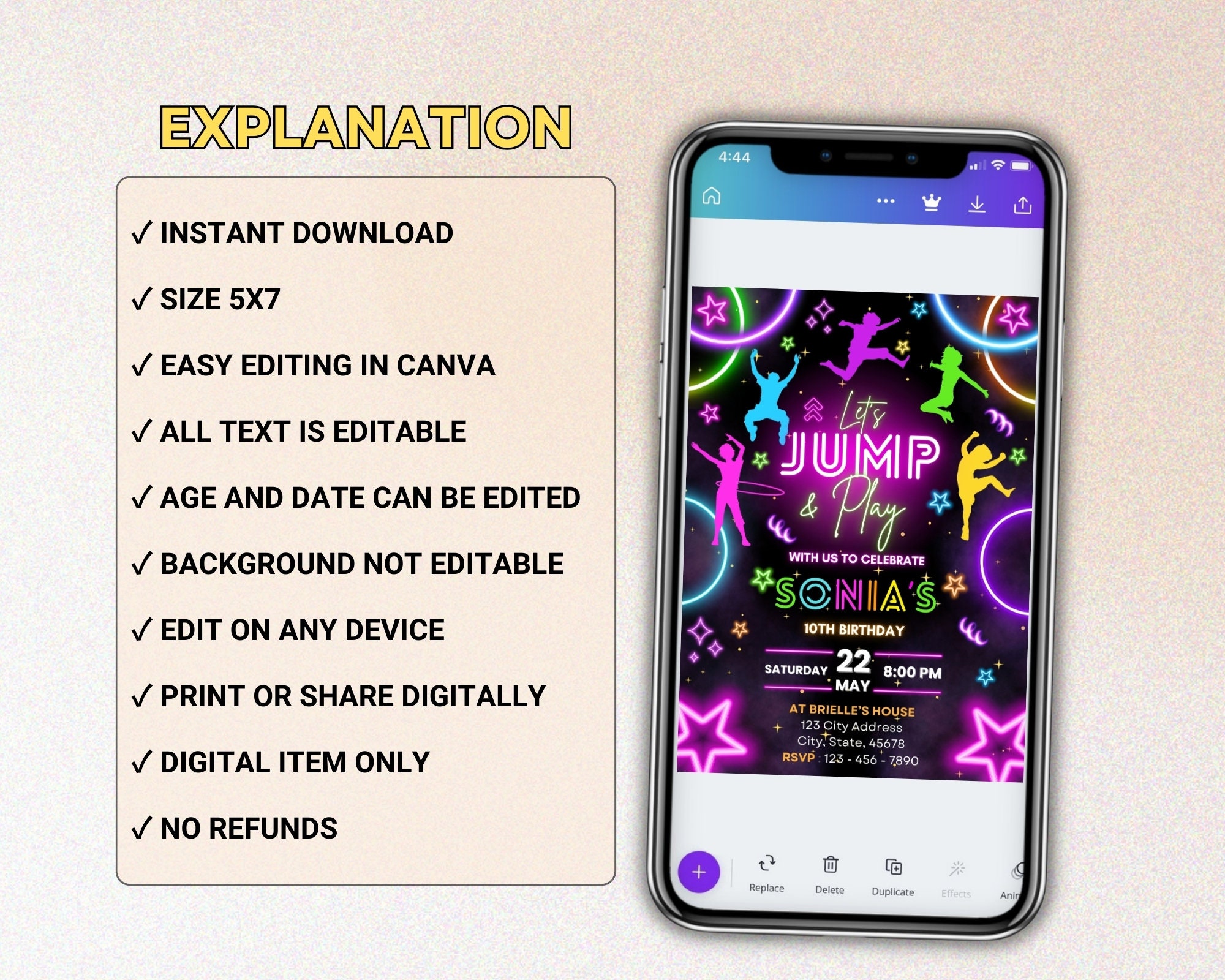 Editable Neon Jump Birthday Invitation Template Thank You Tag, Jump ...