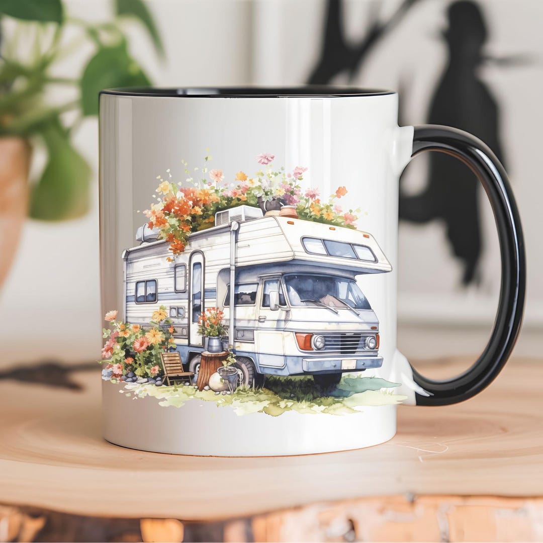 Camping Mug Motorhome Surrounded by Flowers, Camping Camp Mug, Camper ...