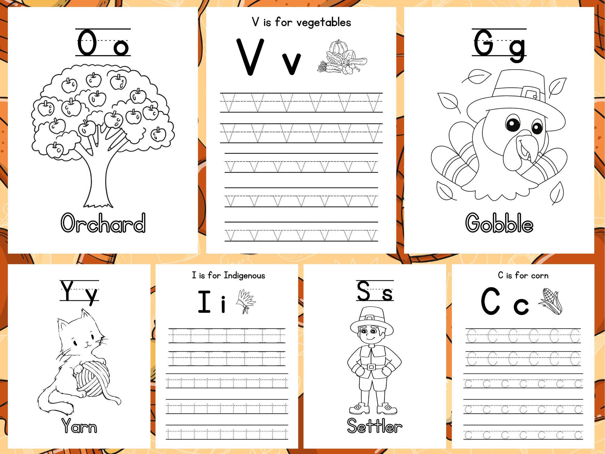 Thanksgiving Alphabet Coloring Pages, Thanksgiving for Preschoolers, 52 ...