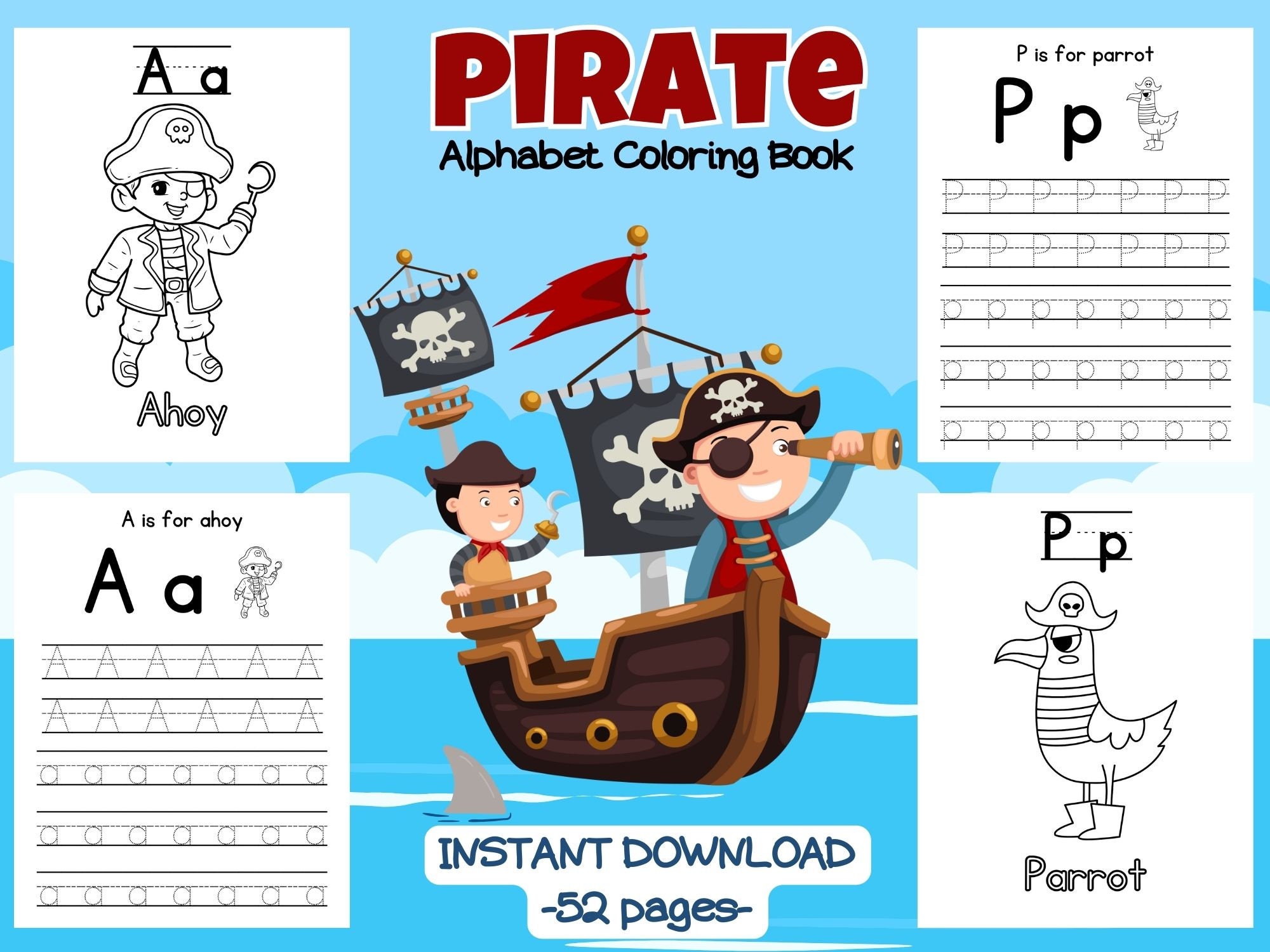 Pirate Alphabet Coloring Book, Jumbo Coloring Pages for Preschoolers ...