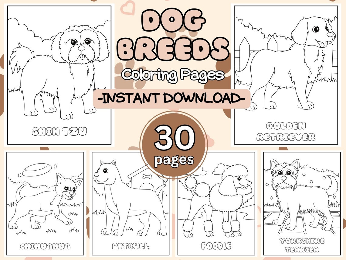 Dog Breed Coloring Book, Dog Coloring Pages, 30 Printable Pages ...