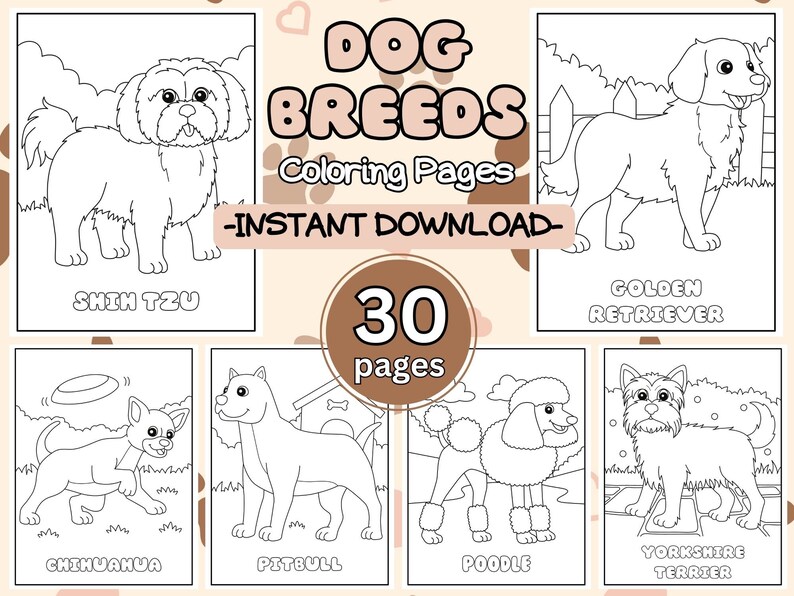 Dog Breed Coloring Book, Dog Coloring Pages, 30 Printable Pages ...