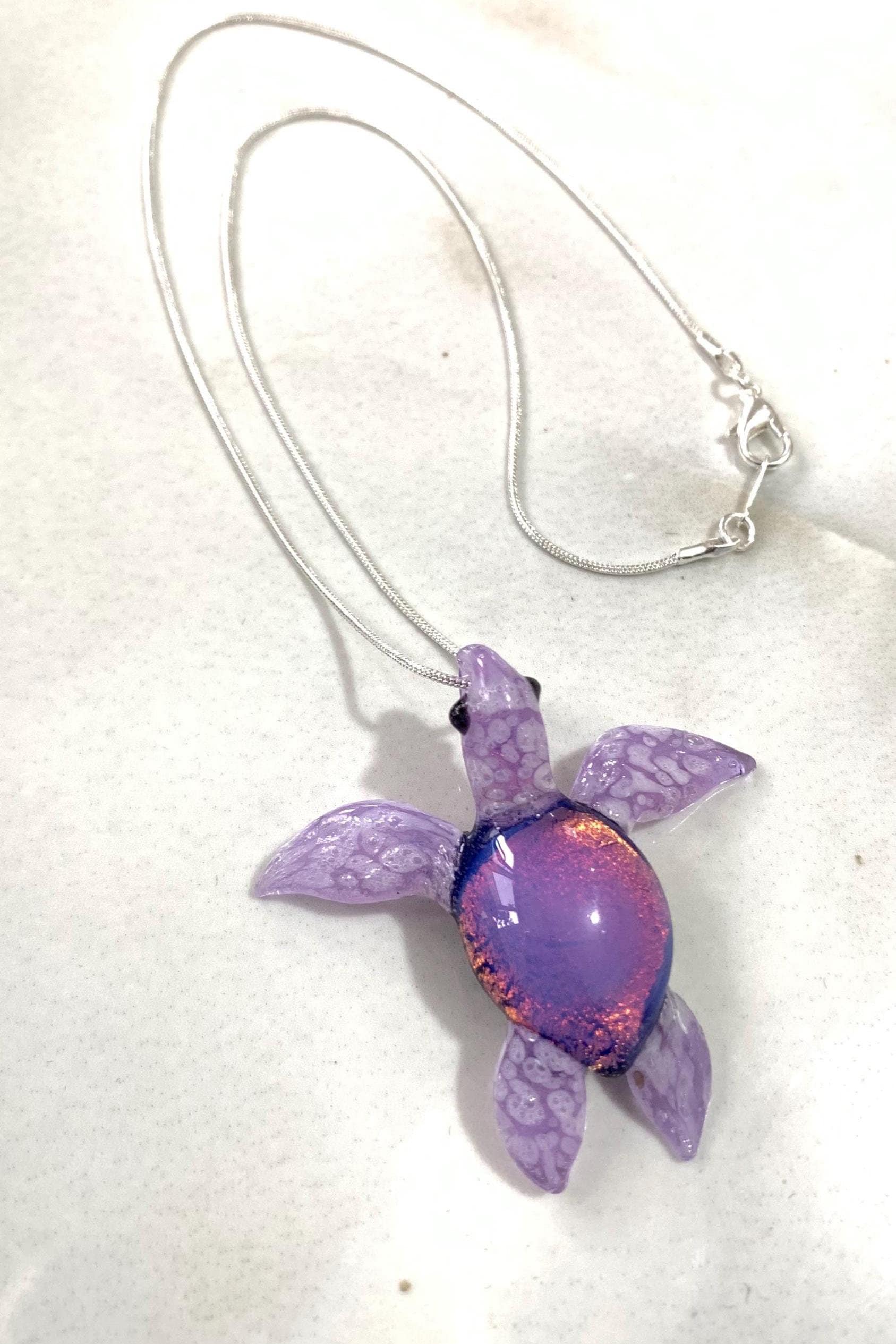 Purple Spotted Sea Turtle Pendant with Blue Gold Dichroic Shell Blown Glass Pendant Turtle Jewelry Gift for Her