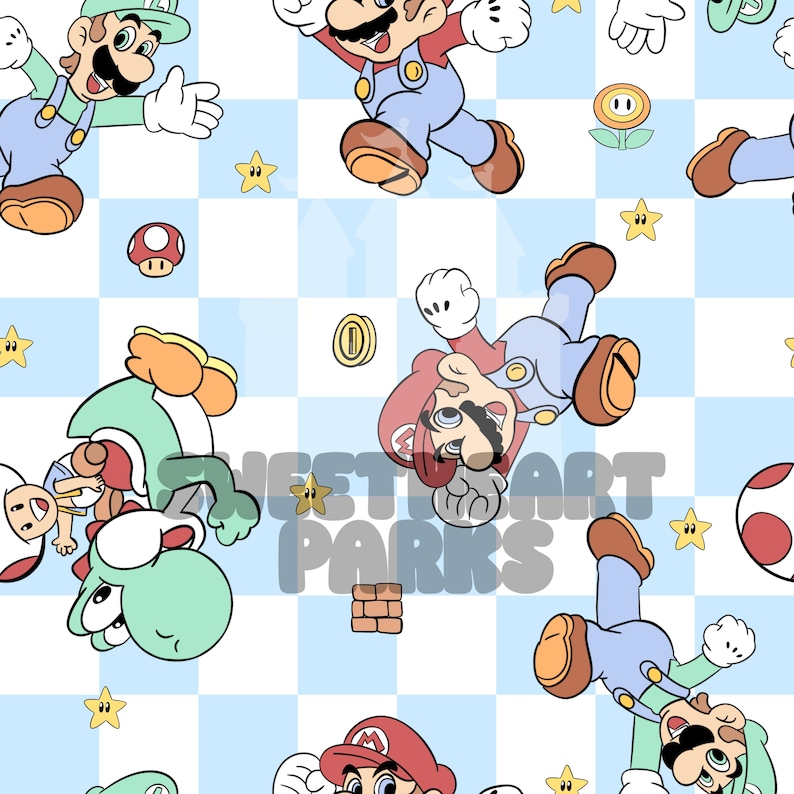Video Game Brothers Seamless Pattern: Checkered Fabric Sublimation ...