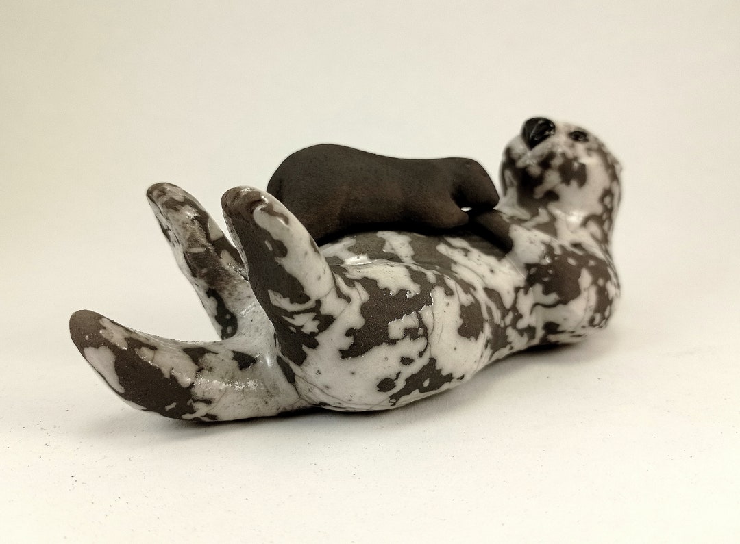 Grey Sea Otter & Cub Ceramic Pottery Raku Fired Figure Sculpture Home ...