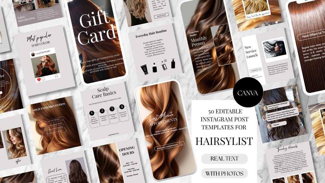 Hair Stylist Instagram Canva Templates Bundle | 50 Posts + Content ...