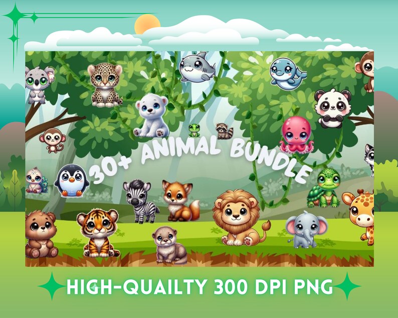 Cute Animal Bundle 30+ Clipart PNG - Cute Pet Illustration for Crafts ...