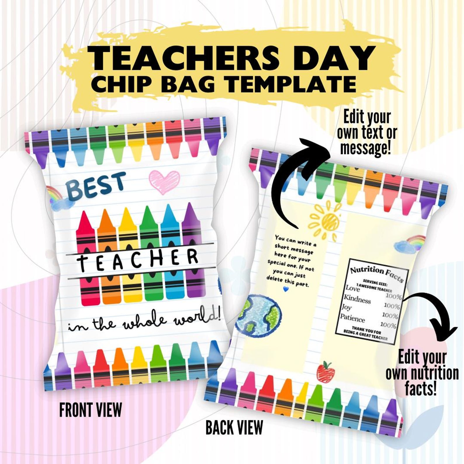 Teacher’s Day Rainbow Crayon Chip Bag Editable Template - Etsy