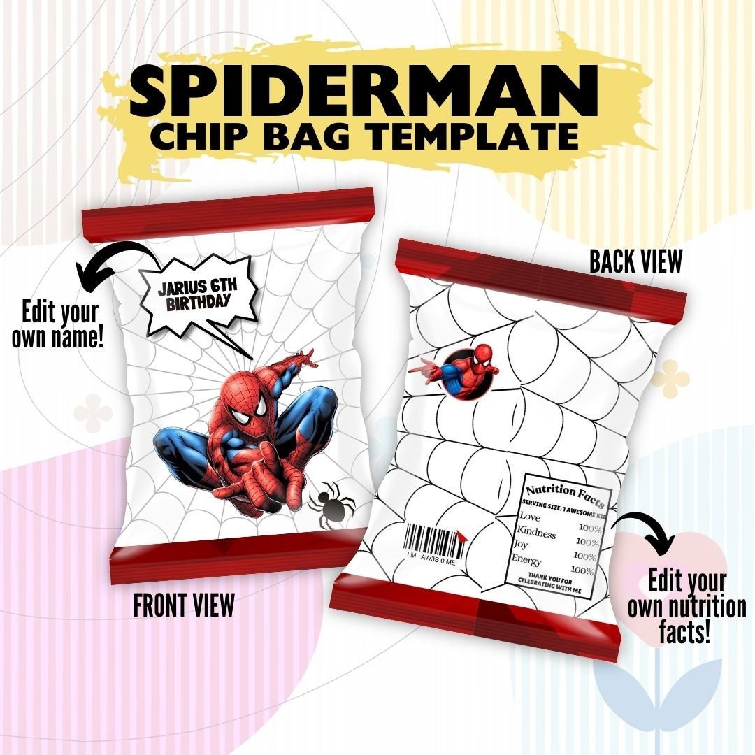 Spiderman Chip Bag Editable Template - Etsy