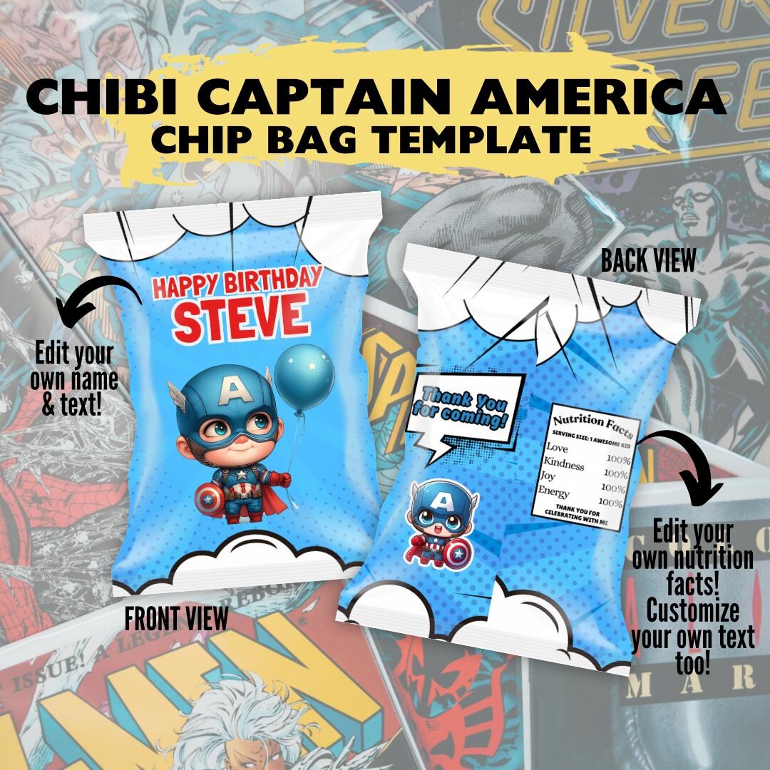 Chibi Captain America Chip Bag Editable Template - Etsy