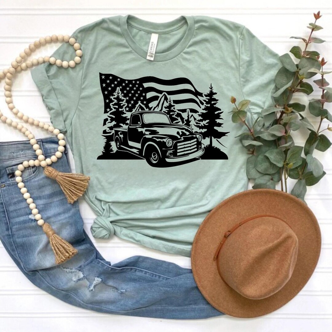 US Flag Vintage Old Truck SVG PNG File Old Car Pickup Mountain Svg ...