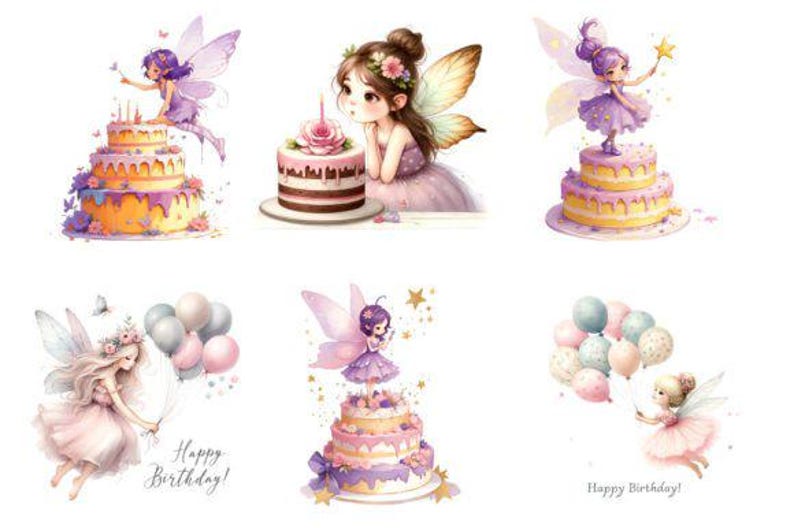 Cute Fairy Happy Birthday Clipart Bundle Birthday PNG Celebration Ready ...