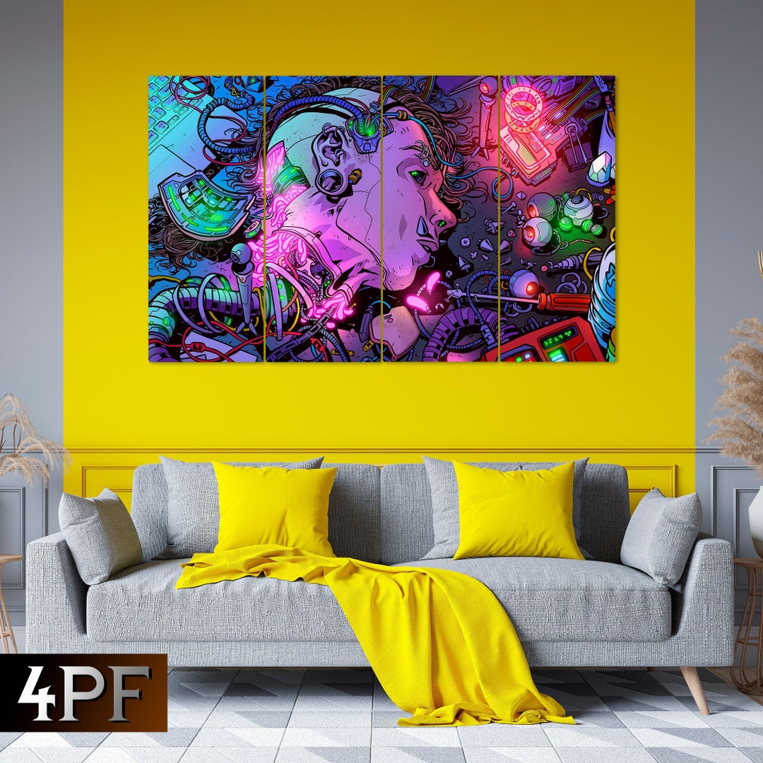 Cyberpunk Android Head With Exposed Brain Canvas Print, Biomechanical ...