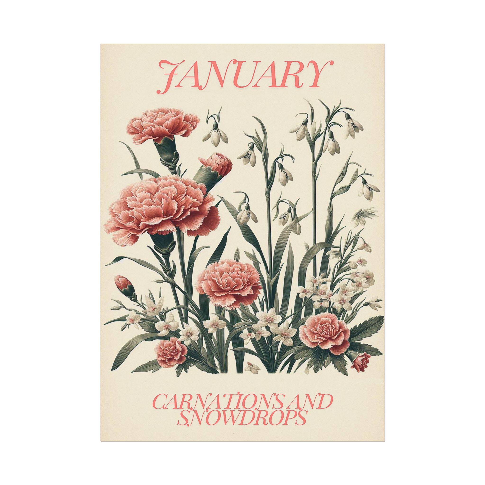 Vintage January Birth Flowers Rolled Posters, Literature Reference ...