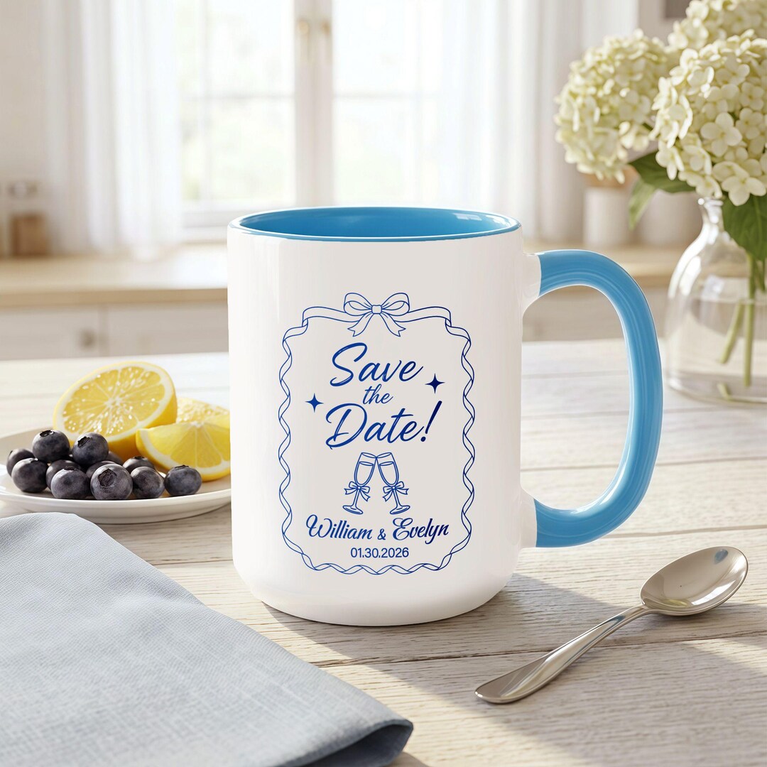 Personalized Save the Date Mug, Custom Engagement Gift, Blue Bow Coffee ...