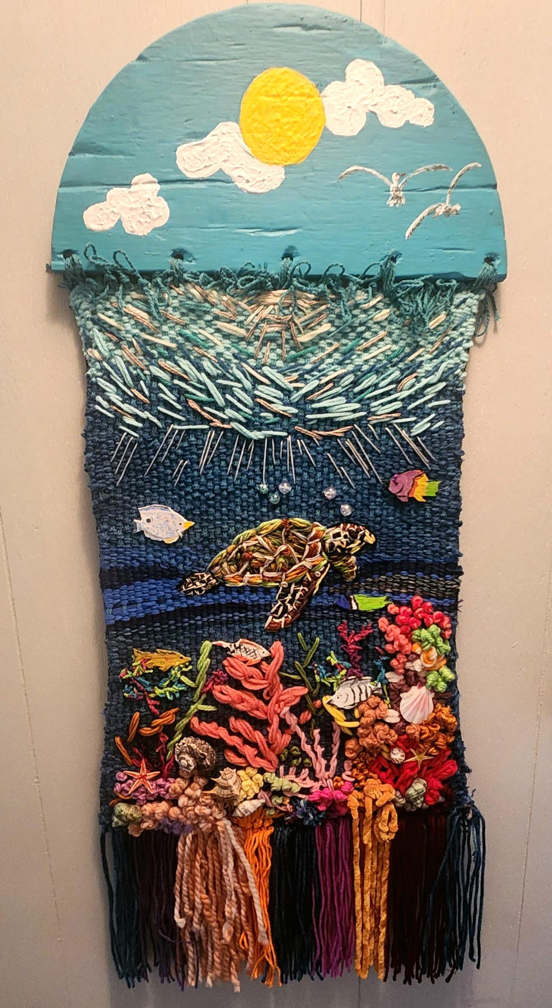 Sea Turtle Embroidered Loom Weaving: Beach Fiber Art Wall Hanging (14"w ...