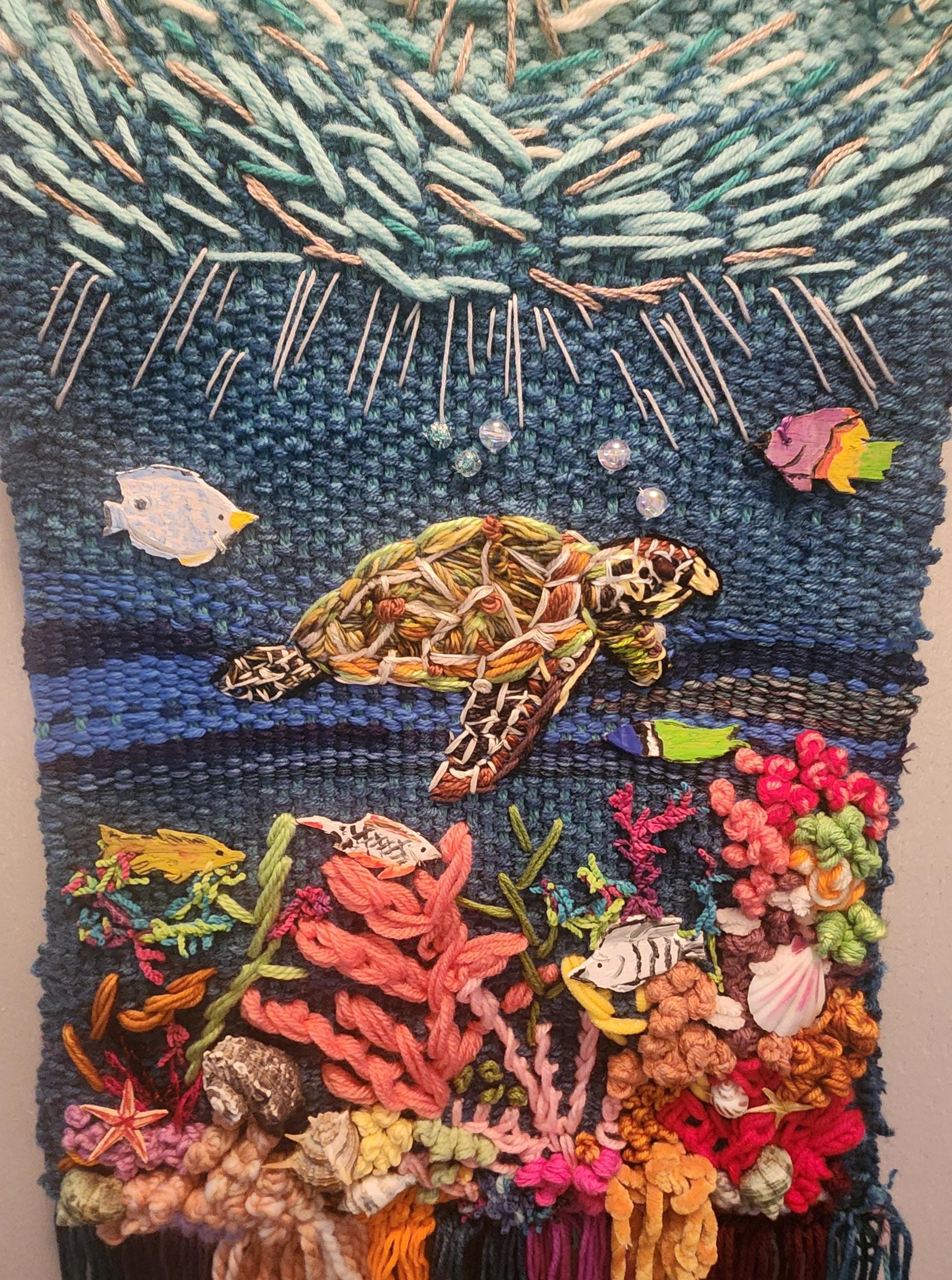 Sea Turtle Embroidered Loom Weaving: Beach Fiber Art Wall Hanging (14"w ...