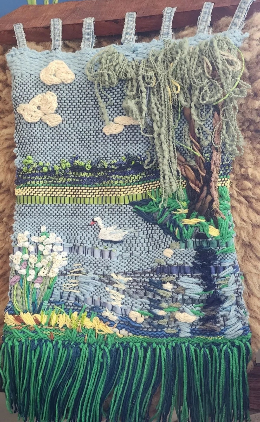 Swan Lake Wall Hanging With Embroidered Boho Hippie Yarn Loom Weaving ...