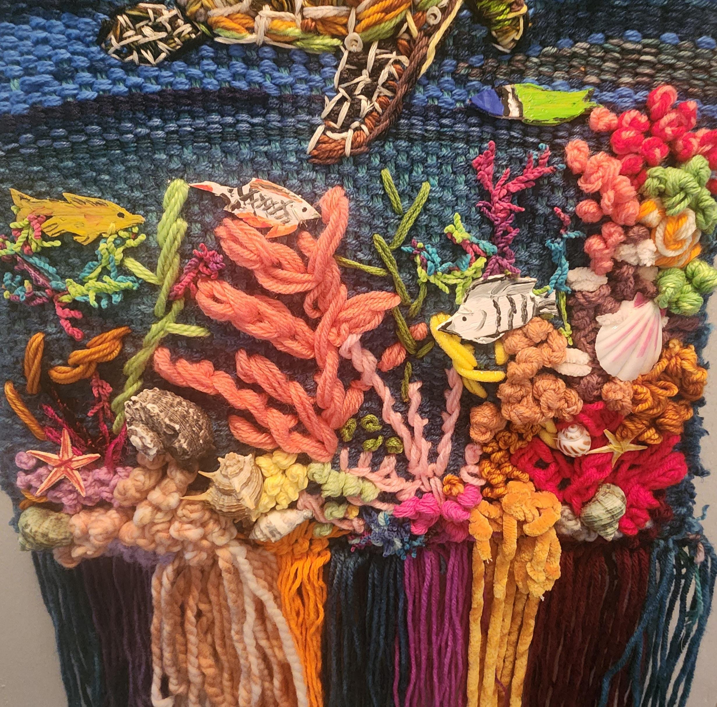 Sea Turtle Embroidered Loom Weaving: Beach Fiber Art Wall Hanging (14"w ...