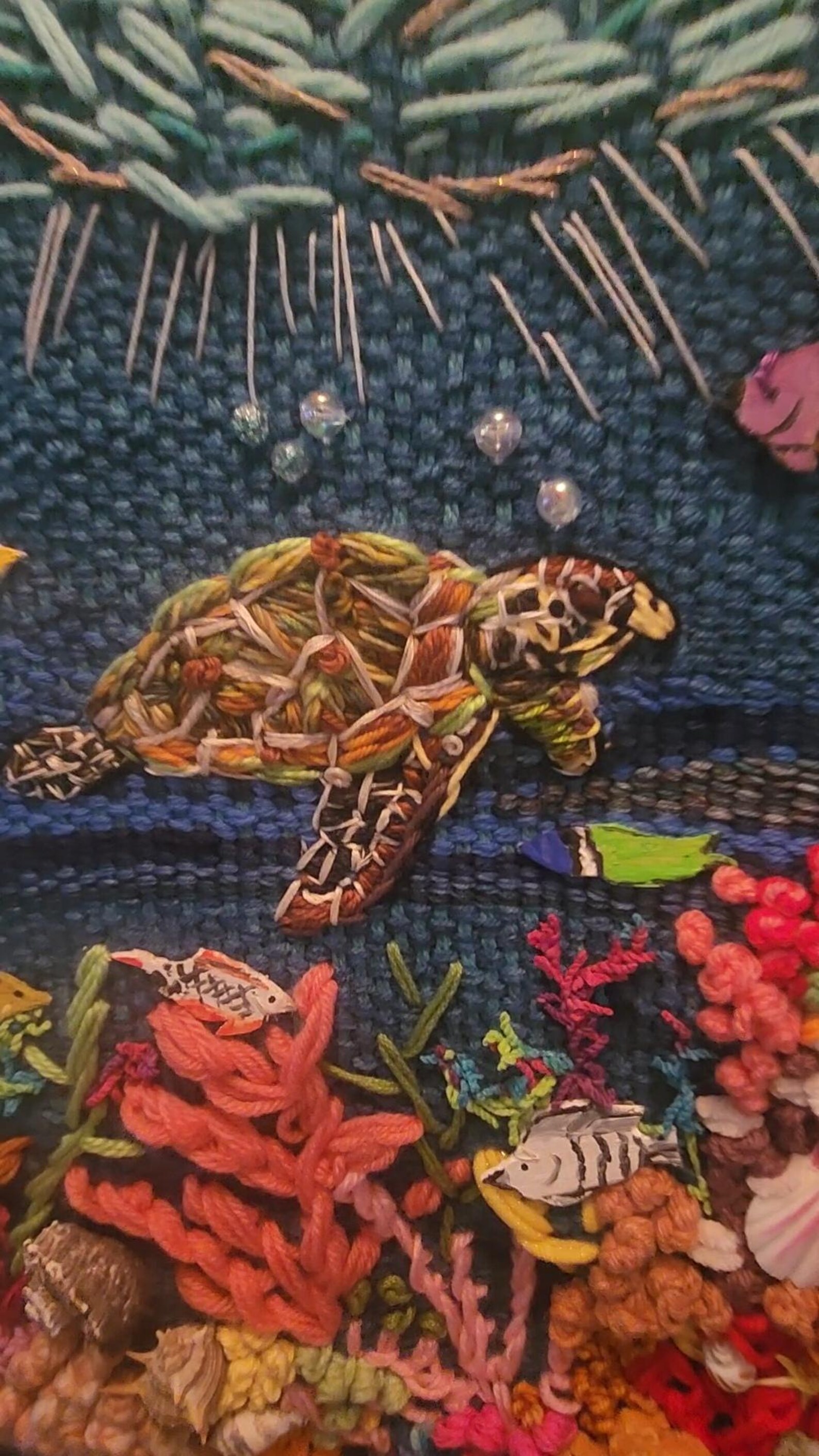 Sea Turtle Embroidered Loom Weaving: Beach Fiber Art Wall Hanging (14"w ...
