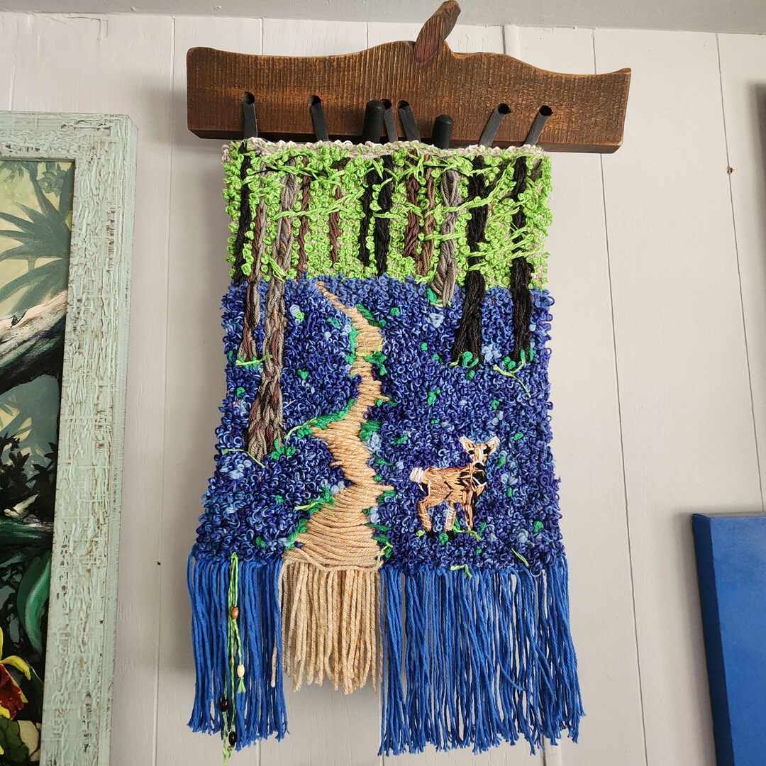 Deer in Bluebell Forest.wall Hanging With Embroidered Boho Hippie Yarn ...