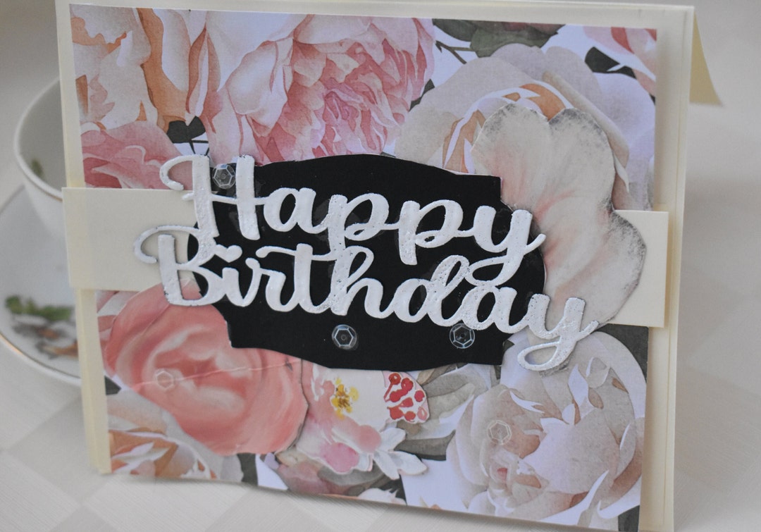 Dark Cottage-core Birthday Card Handmade Card in Pink Floral, Vintage ...