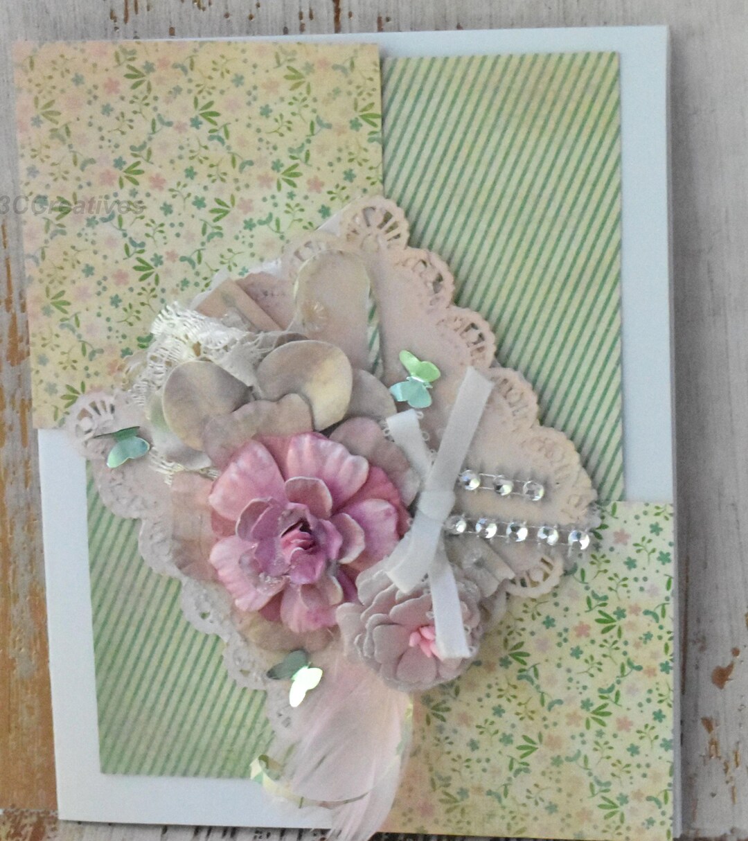 Vintage Style Sparkly Green and Pink Greeting Card With Lace ...