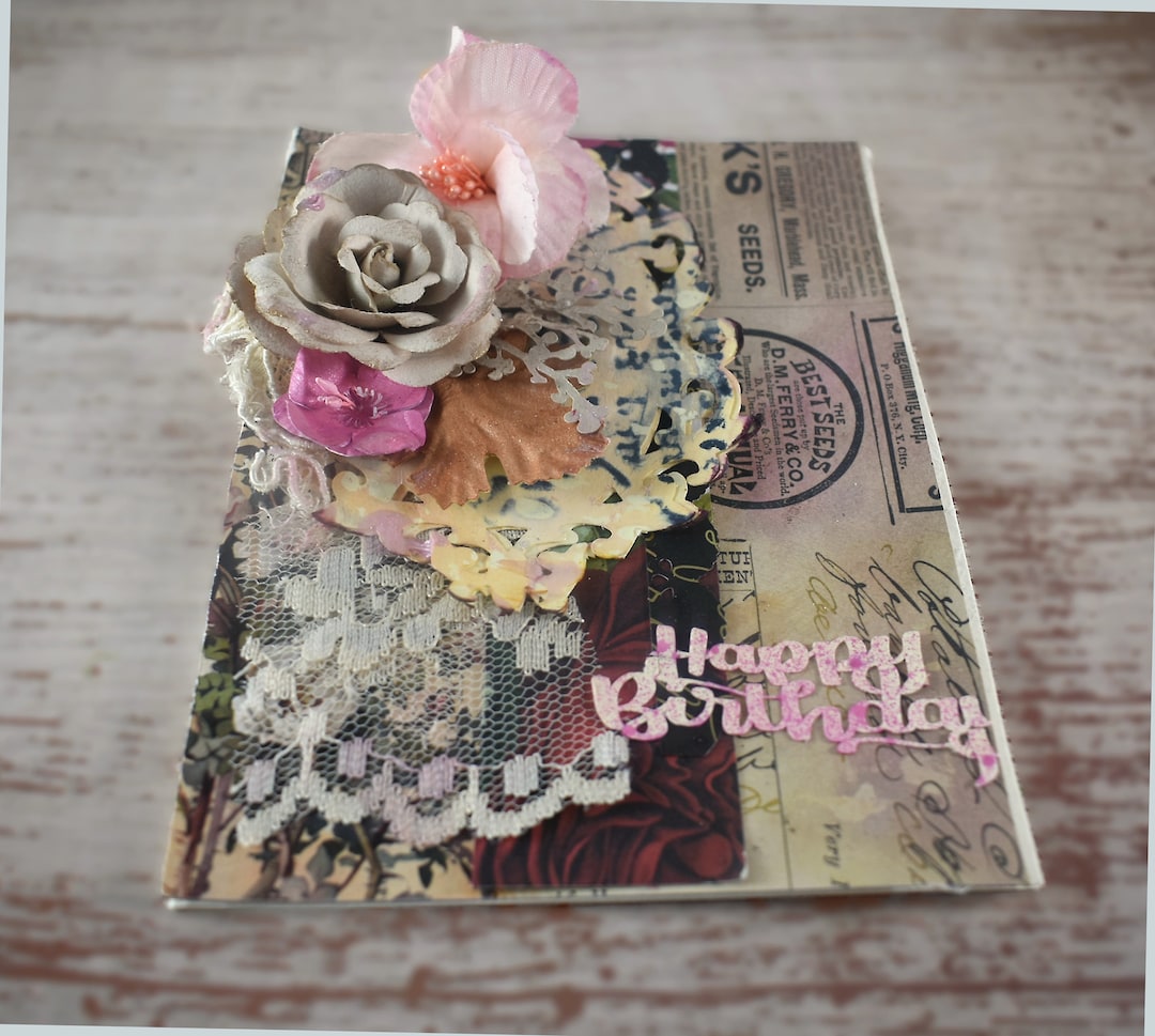 Romantic Assemblage Happy Birthday Card Handmade Up-cycled Flowers Lace ...