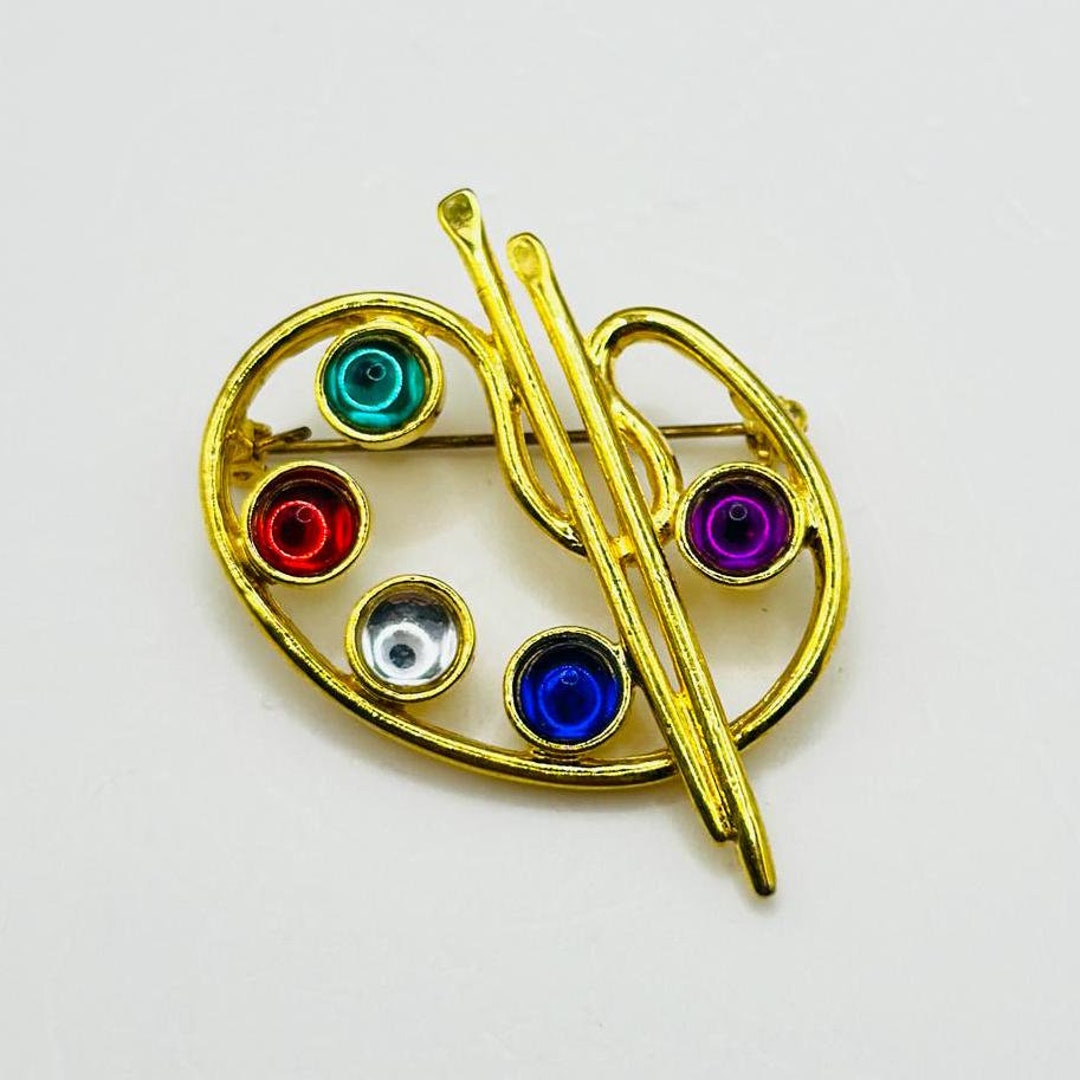 Vintage Artist Painter Paint Palette Brooch Pin, Gold Tone With Colored ...