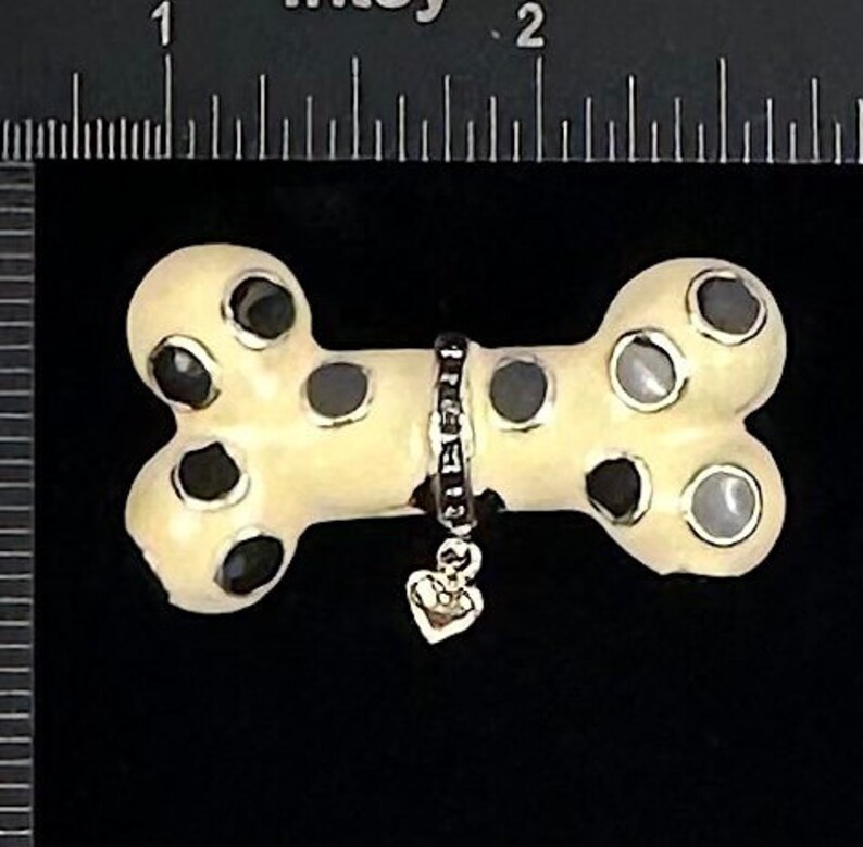 Dog Bone Pin Brooch Vintage Silver Tone Enamel Beige Black - Etsy