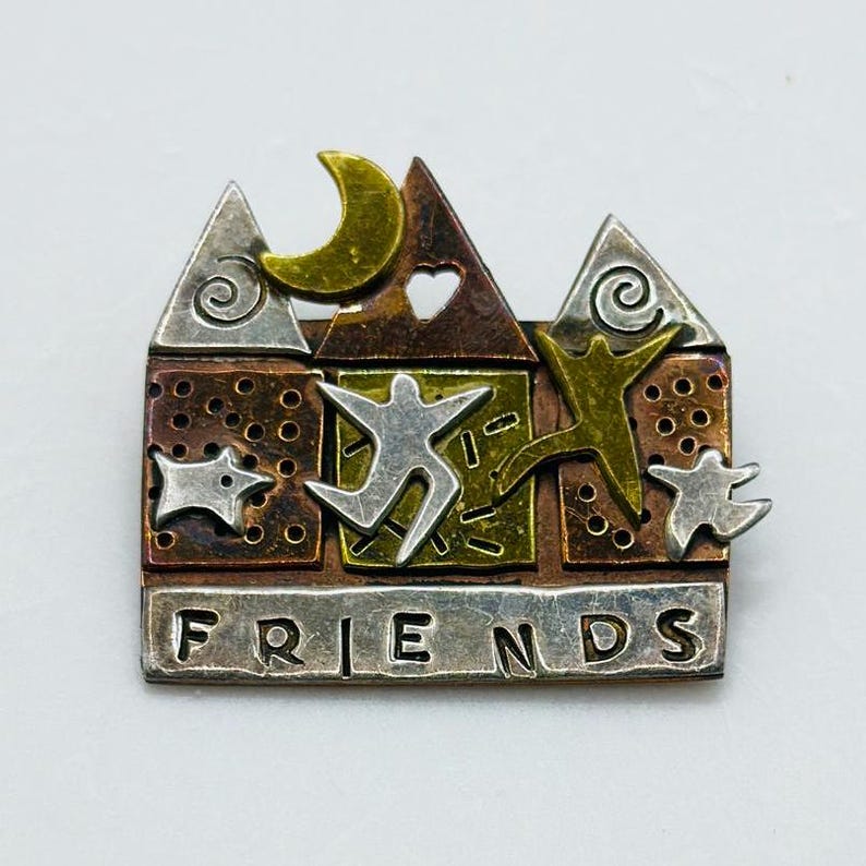 Vintage Friends Pin Brooch, 925 Sterling Silver, Copper and Brass, Far ...