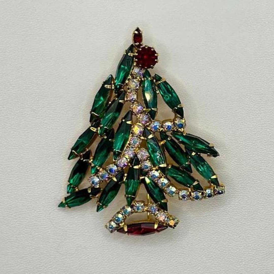 Rhinestone Christmas Tree Vintage Brooch Pin, Gold Tone Green White Red ...
