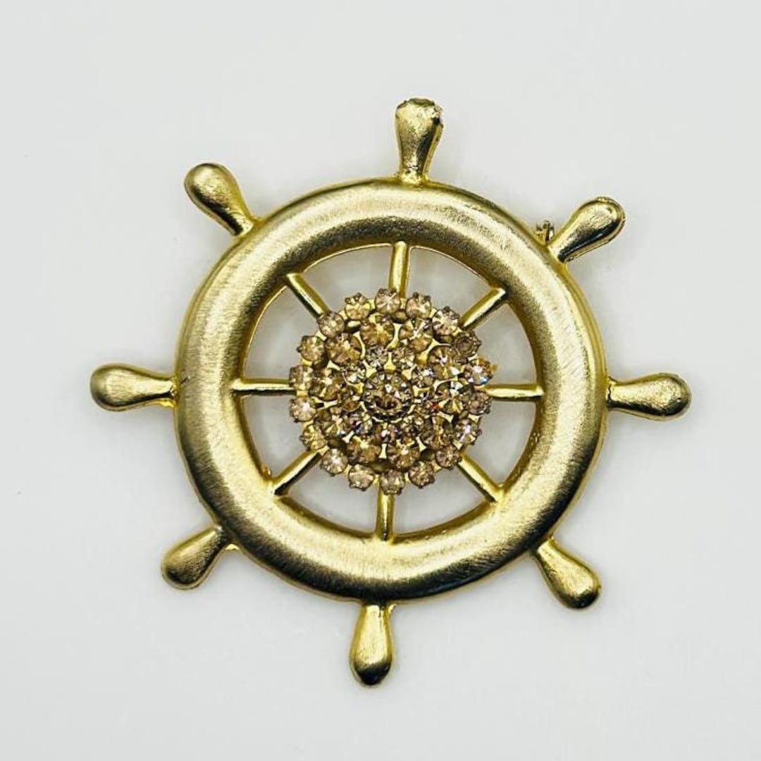 Ship Boat Wheel Nautical Pin Brooch Vintage Gold Tone Amber Rhinestones ...