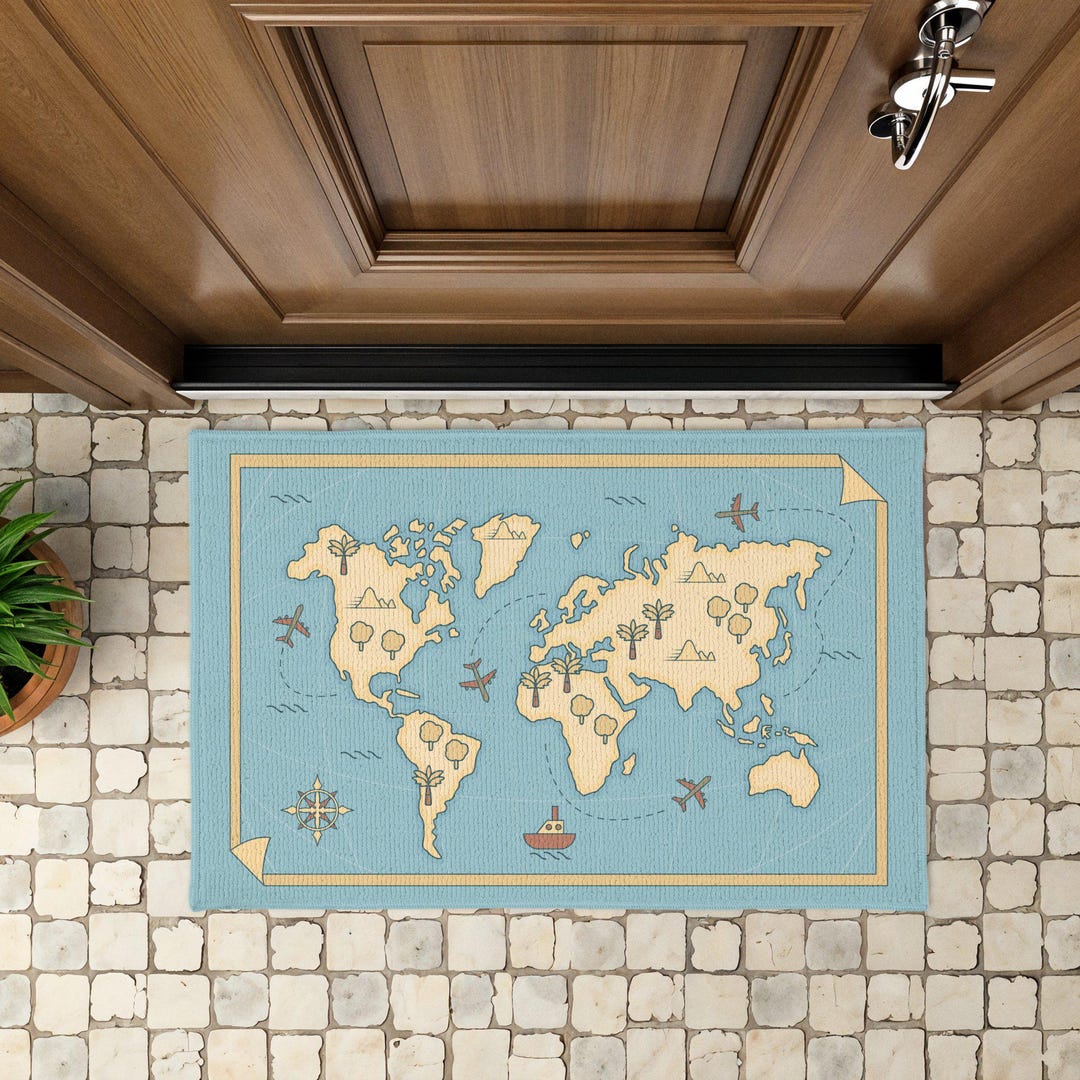 Vintage World Map Doormat for Travelers – Retro Adventure Welcome Mat ...