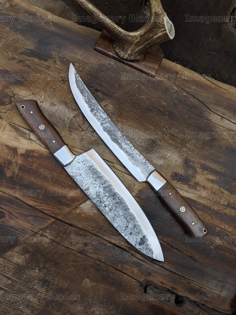 Hand Forged BBQ 2 Pieces Knives Set Solid Brown Wood Handles Full Tang ...