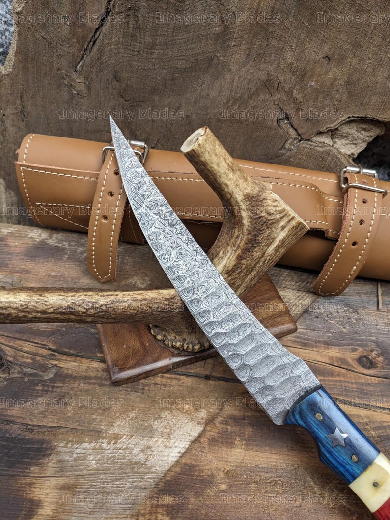 Fillet Knife Damascus Steel Blade Texas Flag Handle Full Tang Hand ...