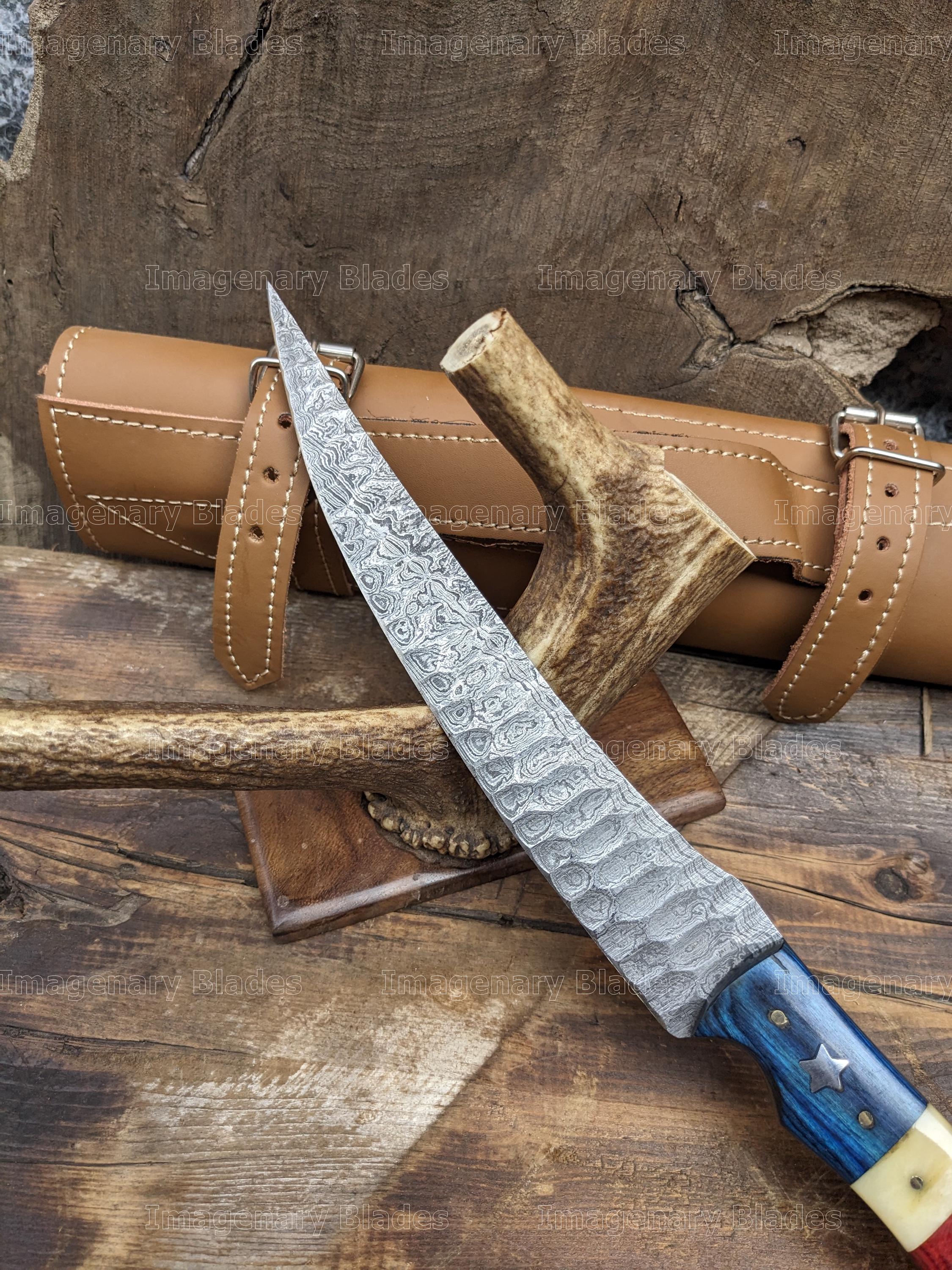 Fillet Knife Damascus Steel Blade Texas Flag Handle Full Tang Hand ...