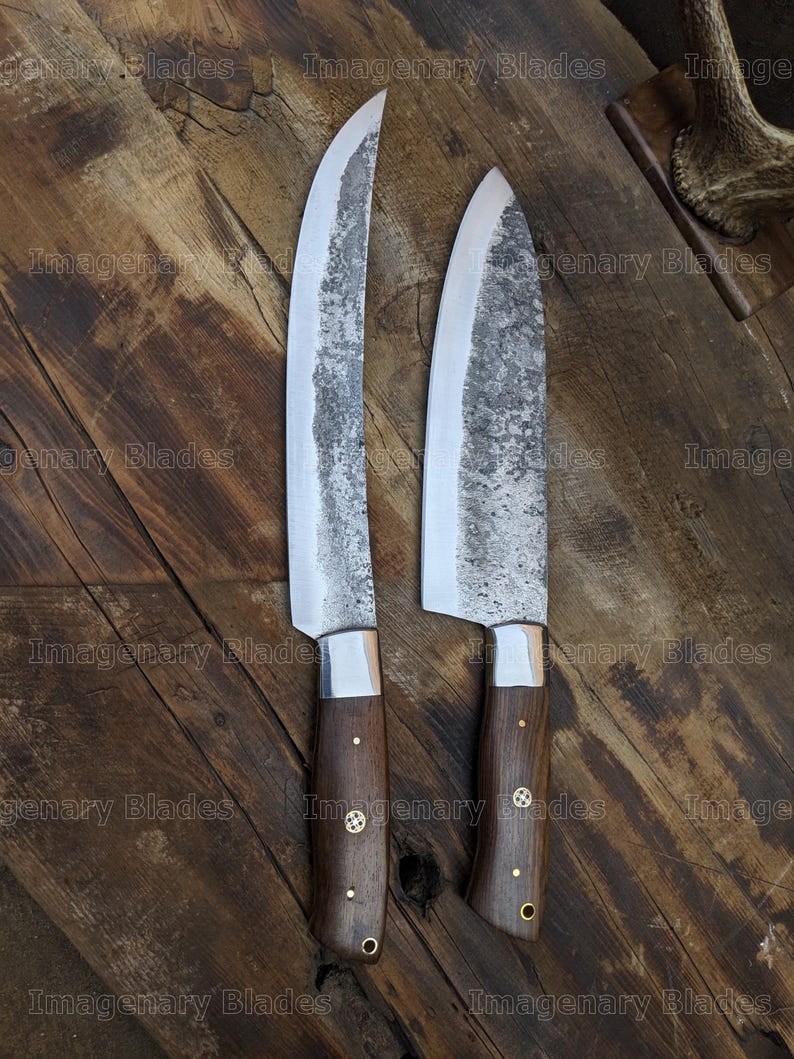 Hand Forged BBQ 2 Pieces Knives Set Solid Brown Wood Handles Full Tang ...