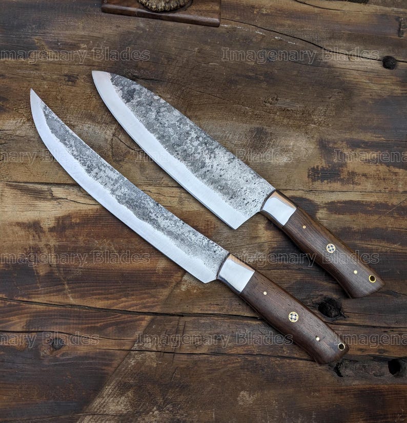 Hand Forged BBQ 2 Pieces Knives Set Solid Brown Wood Handles Full Tang ...