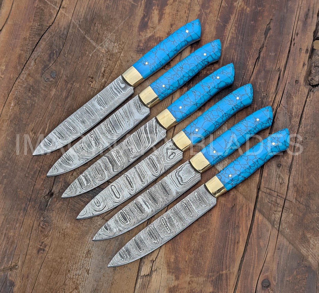 Steak Knives Set 6 Pcs Turquoise Handles Damascus Steel Blades Bbq ...