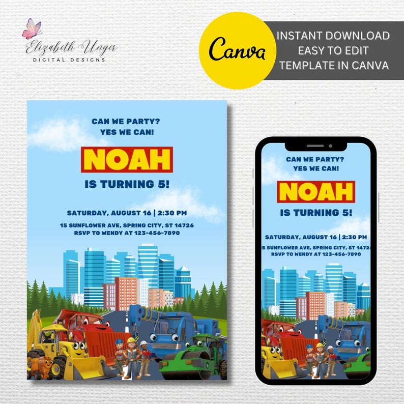 Bob the Builder Birthday Invitation, Construction Birthday Invitation ...