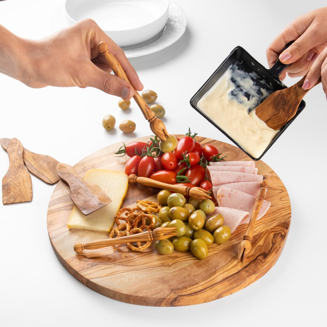 Round Olive Wood Charcuterie Board Personalized Raclette & Pickle Fork ...