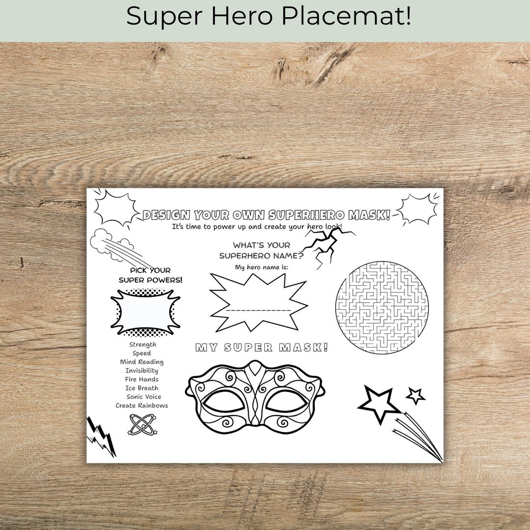 Superhero Mask Coloring Placemat: Comic Book Party Activity (PDF ...
