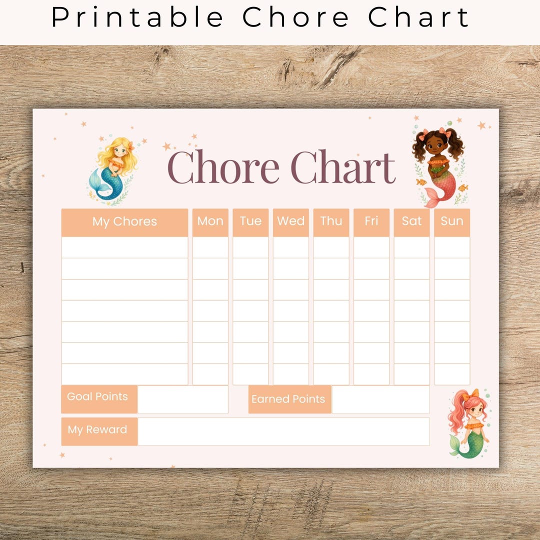 Mermaid Chore Chart for Kids: Reward System, Responsibility Tracker ...
