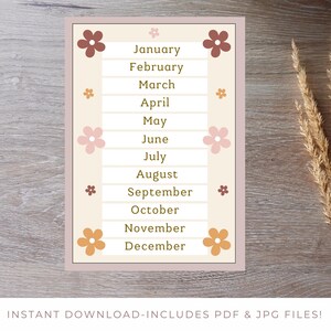 Months of the Year Printable Chart: Homeschool Classroom Poster (PDF ...