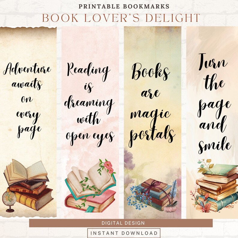 Book Lovers Delight Digital Bookmark 4 Printable Bookmarks for Book ...