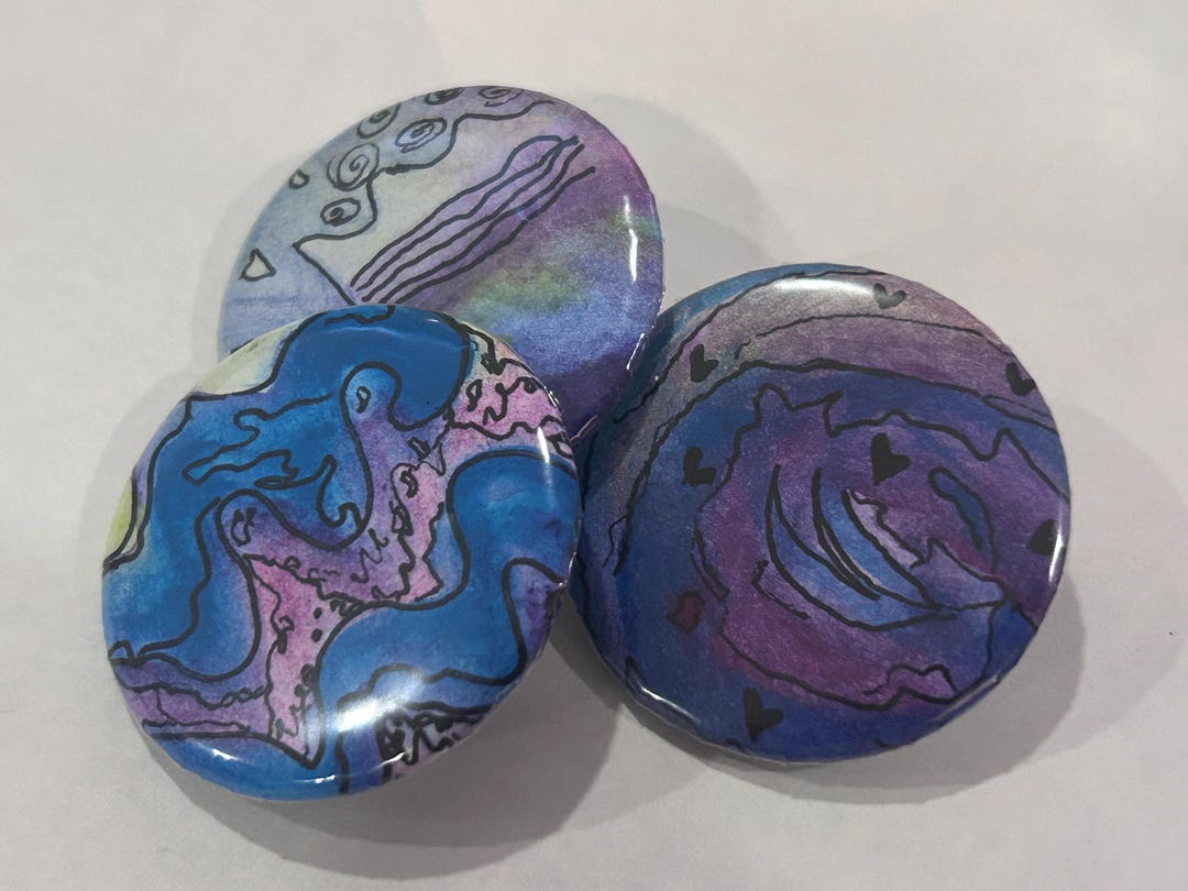 Set of Three Art Pins Hand Drawn Water Colour Painted Pins Gift Set - Etsy